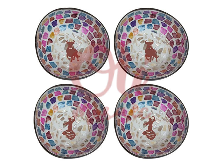 4 Coconut Bowls 13 x 6 cm. Bull and Flamenco Dancer. | Olé Mosaic