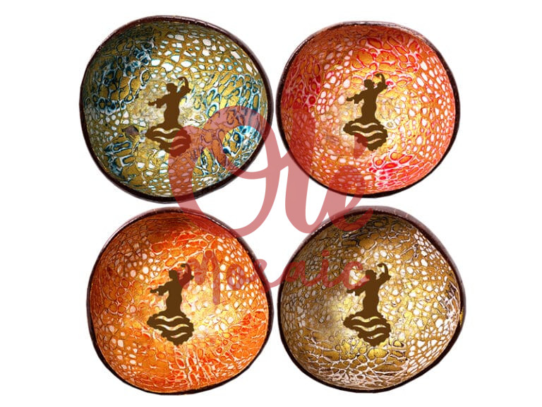 4 Coconut bowls 13 x 6 cm. Flamenco Dancer. Blue, red, orange and gold ...