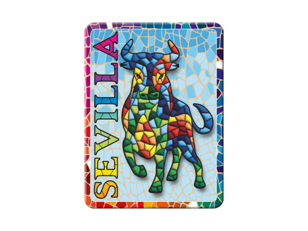 Metal magnet. Bull. Seville. Blue background. 8 cm. | Olé Mosaic
