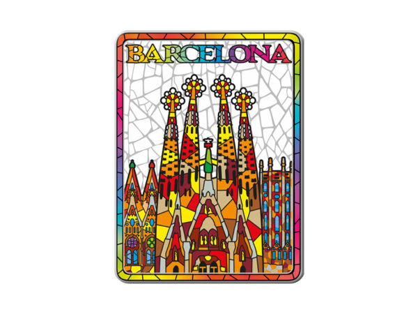 Metal magnet. Sagrada Familia. Golden Barcelona letters. Silver. 8 cm ...